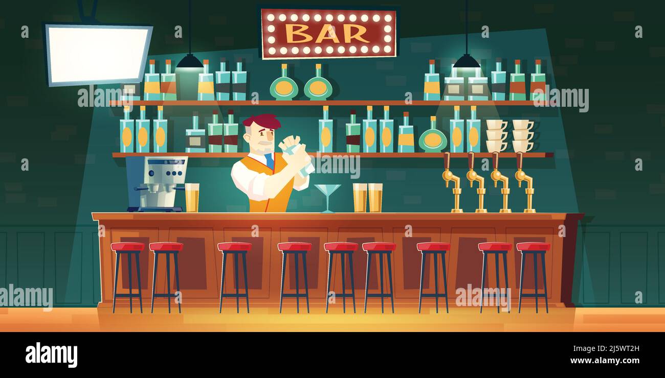 Barman in bar mixing cocktails in shaker on wooden counter with alcohol ...