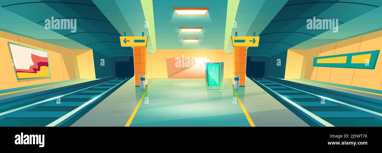 Metro station, empty subway platform, underground interior design with ...