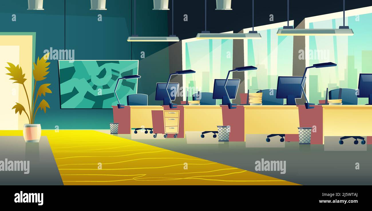 Modern office with company employee workplaces cartoon vector empty ...