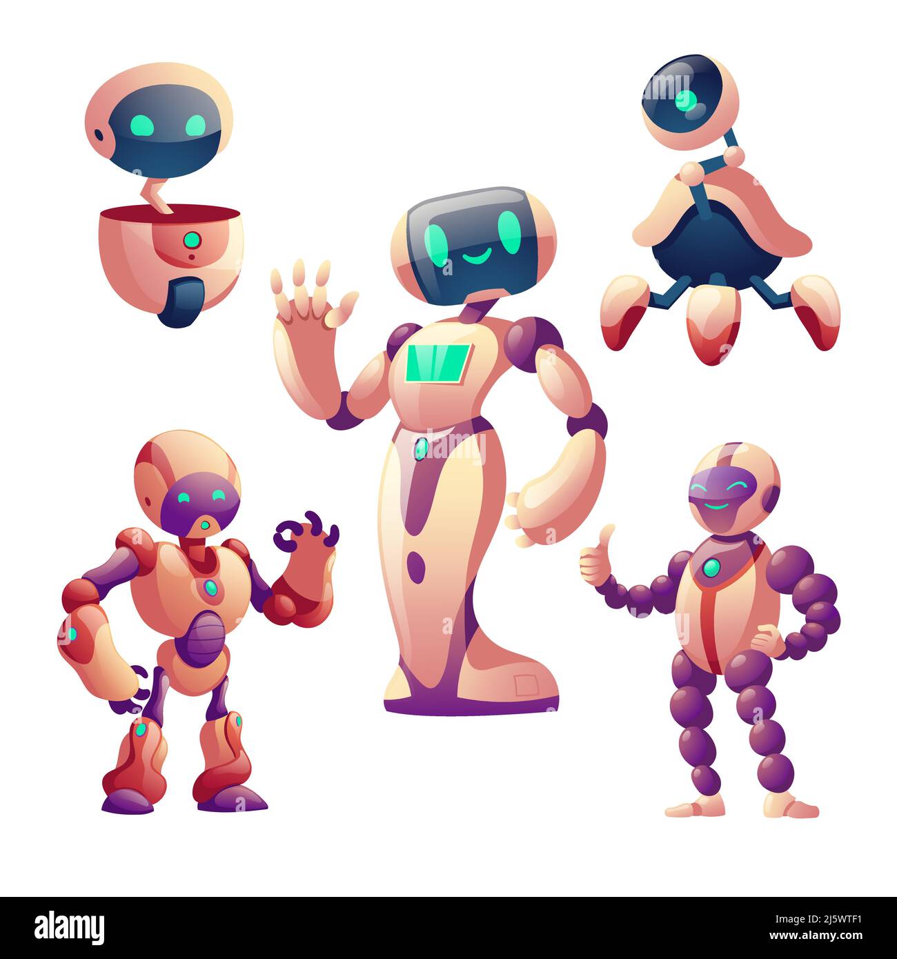 Robots set. Humanoid cyborgs with face, body, arms, legs, wheel ...