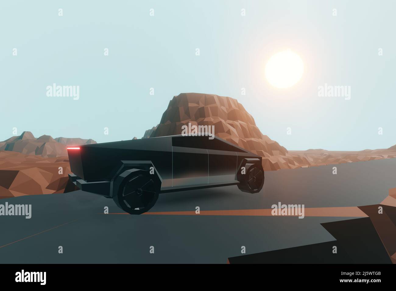 Abstract polygonal Canyon and car landscape with pond, mountains, sky ...