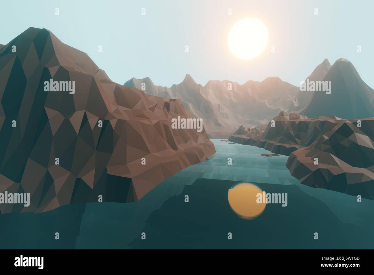 Abstract polygonal Canyon landscape with pond, mountains, sky with ...