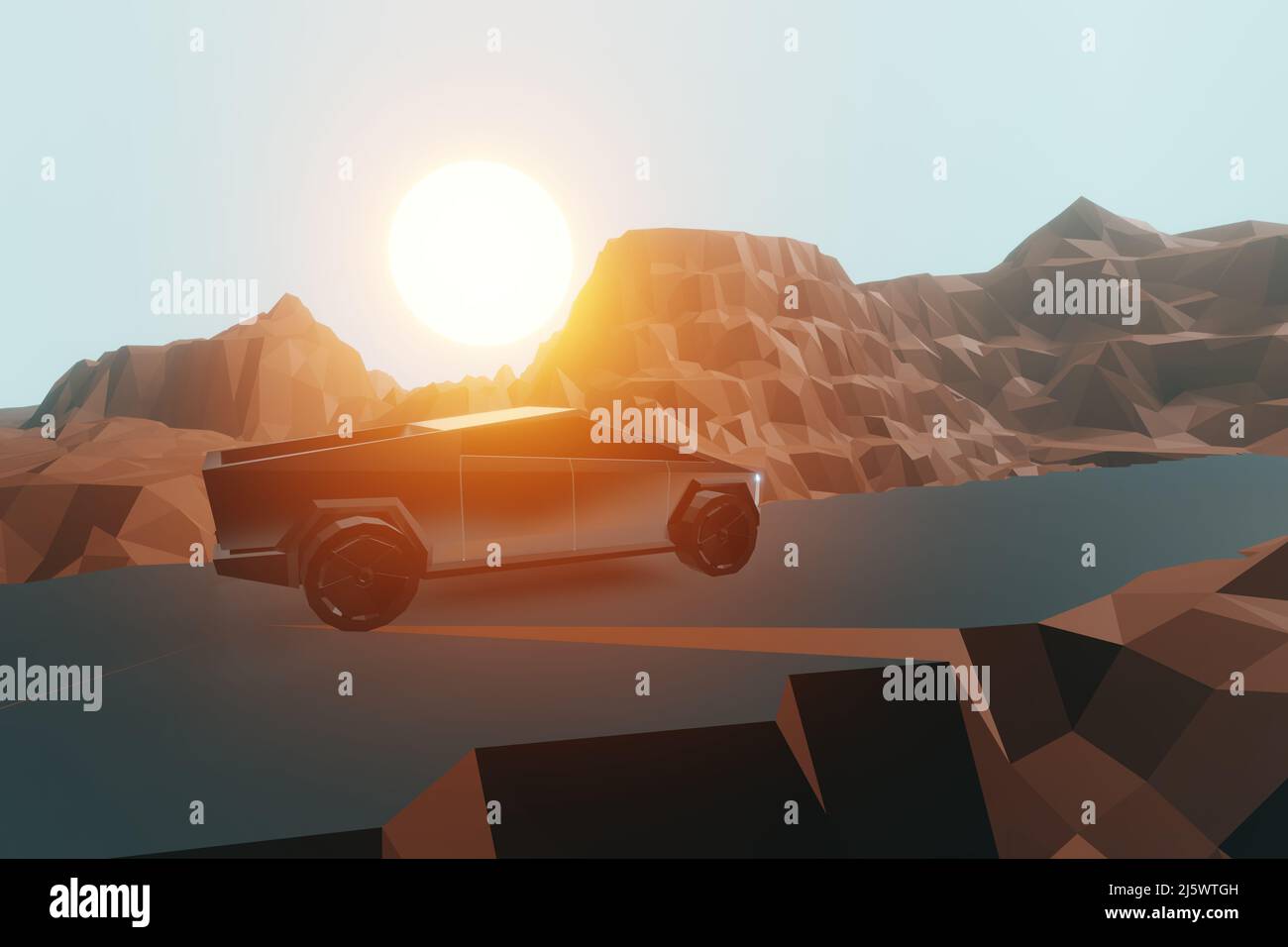 Abstract polygonal Canyon and car landscape with pond, mountains, sky ...