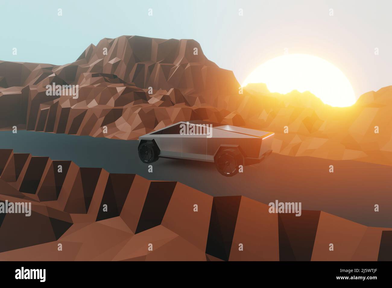 Abstract polygonal Canyon and car landscape with pond, mountains, sky ...