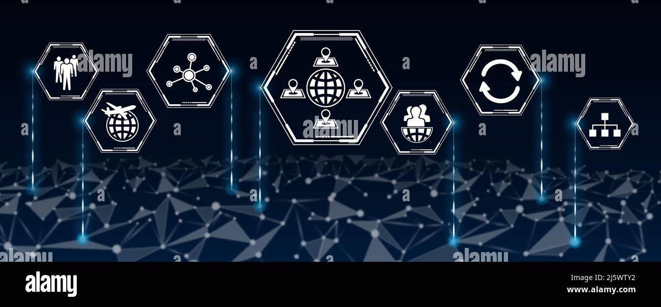 Concept of globalization with icons in hexagons connected to abstract ...