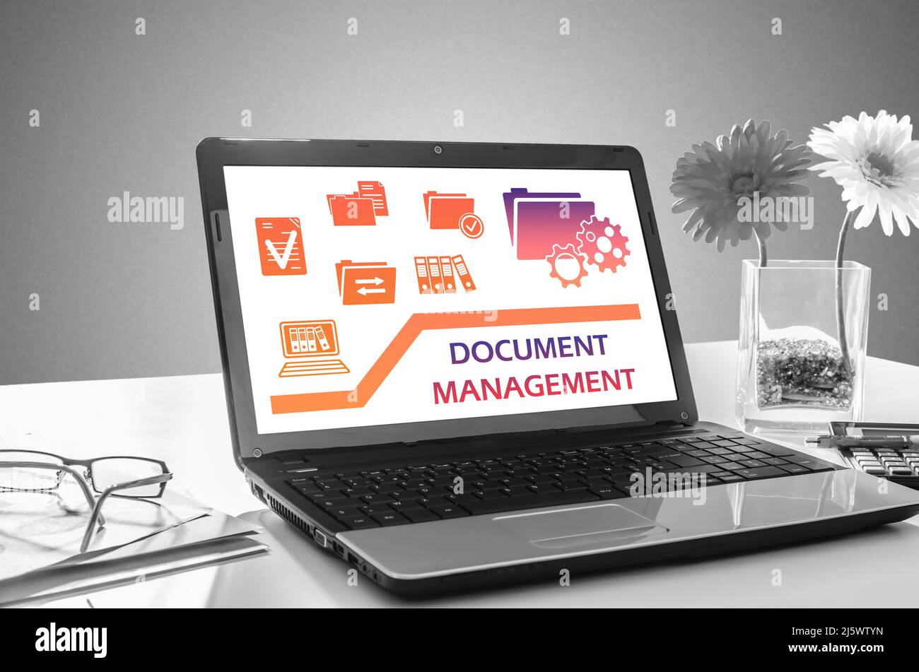 Laptop screen showing document management concept Stock Photo - Alamy