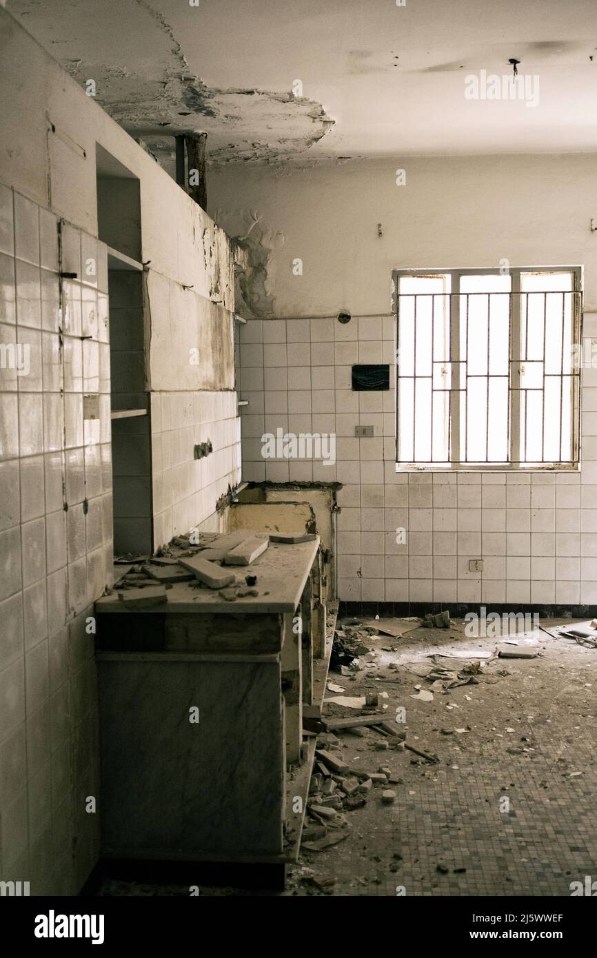 Abandoned kitchen with broken window Stock Photo - Alamy