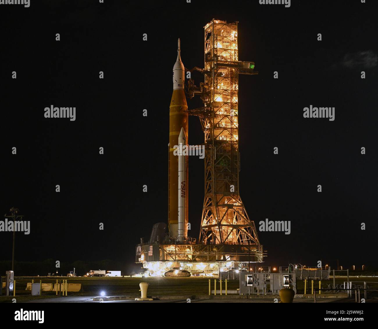 NASA's SLS Booster rolls back to the Vehicle Assembly Building at the ...