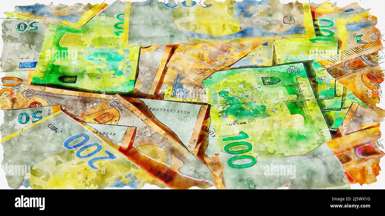 Watercolor drawing of a lot of euro bills in color Stock Photo - Alamy