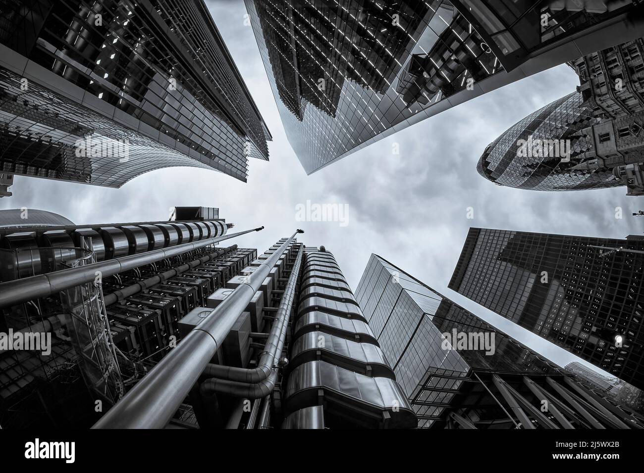 The City of London Worm's Eye View with Lloyd's and The Gherkin Stock ...