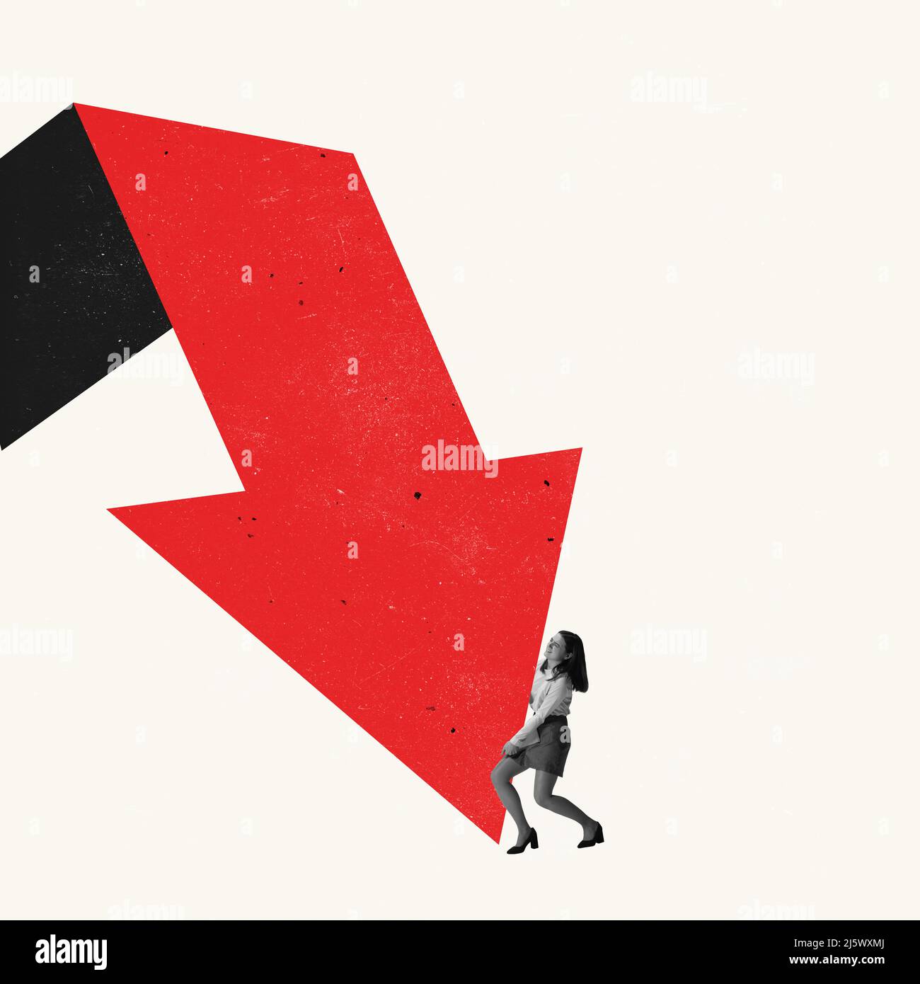 Contemporary art collage. Woman, office worker trying to rise up ...