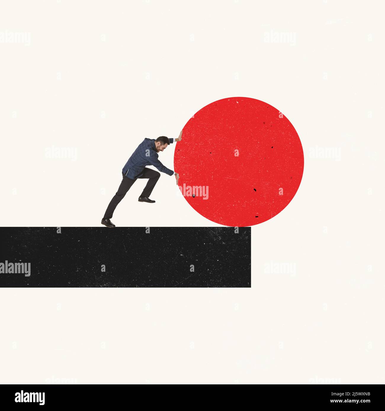 Contemporary art collage. Motivated, hardworking employee pushing heavy ...