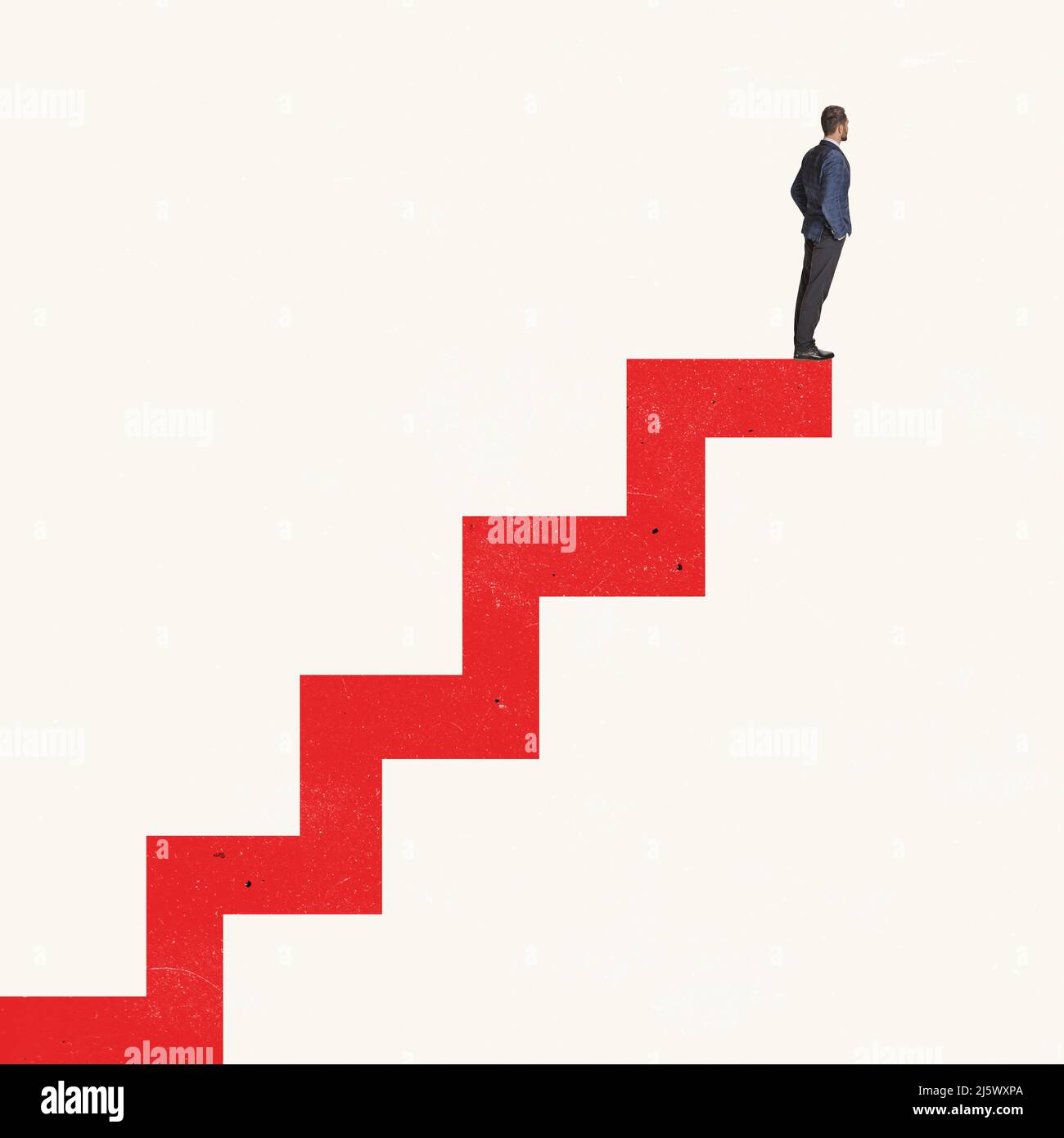 Contemporary art collage. Businessman standing at the top of the ladder ...