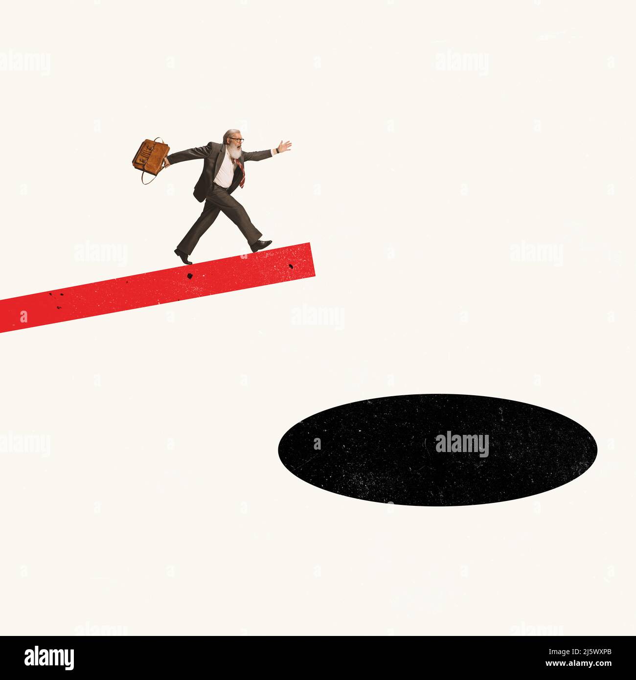 Contemporary art collage. Senior businessman running forward in ...