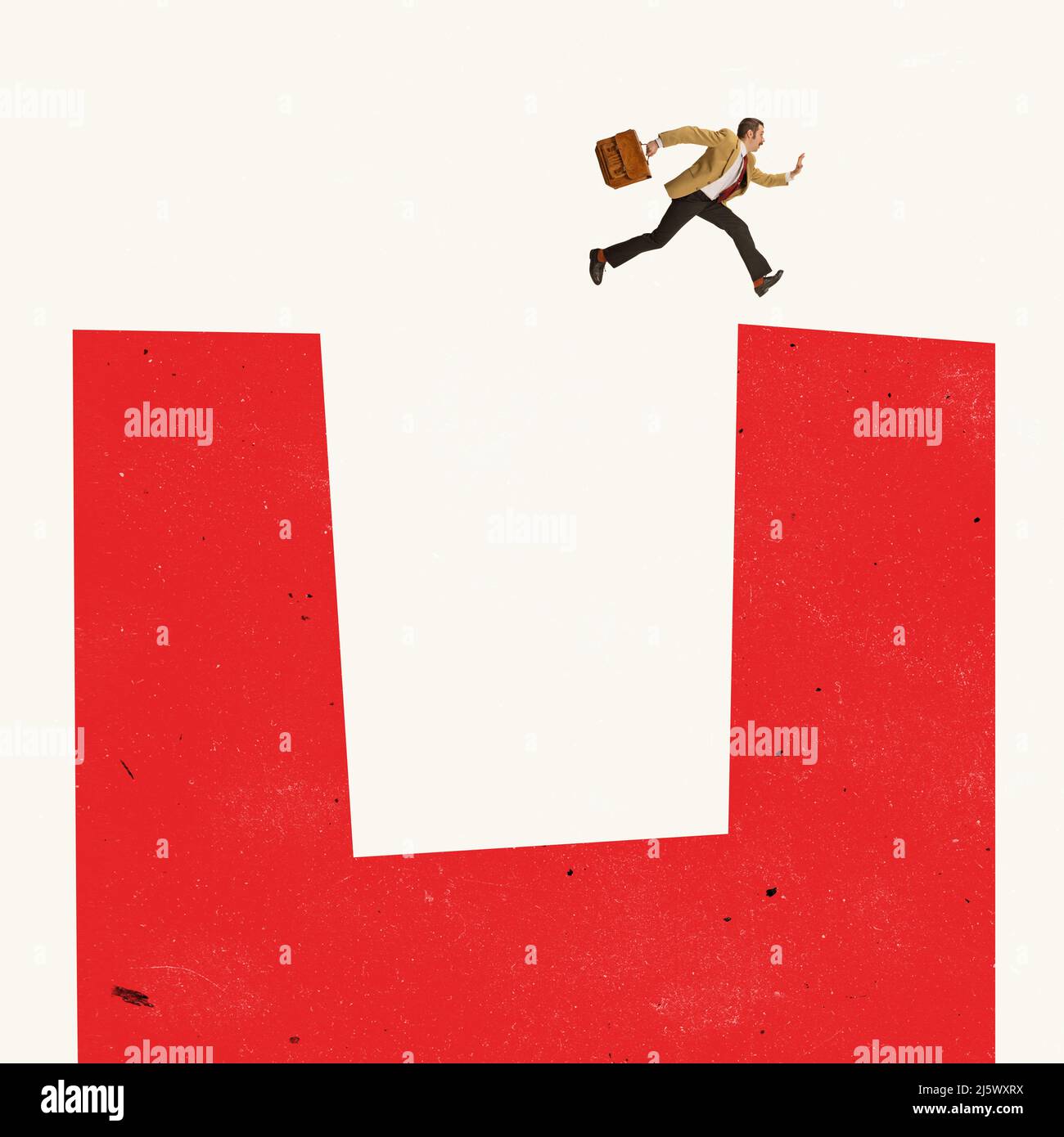 Contemporary art collage. Motivated employee jumping over obstacle ...