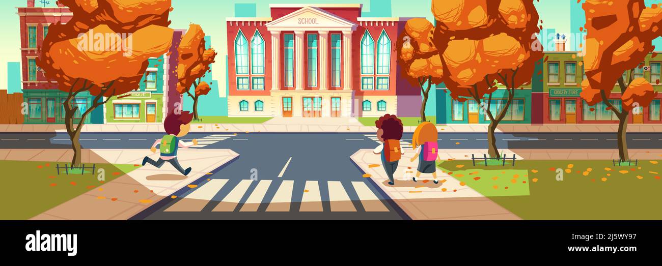 Kids go to school, little students, boys and girl wearing uniform and ...