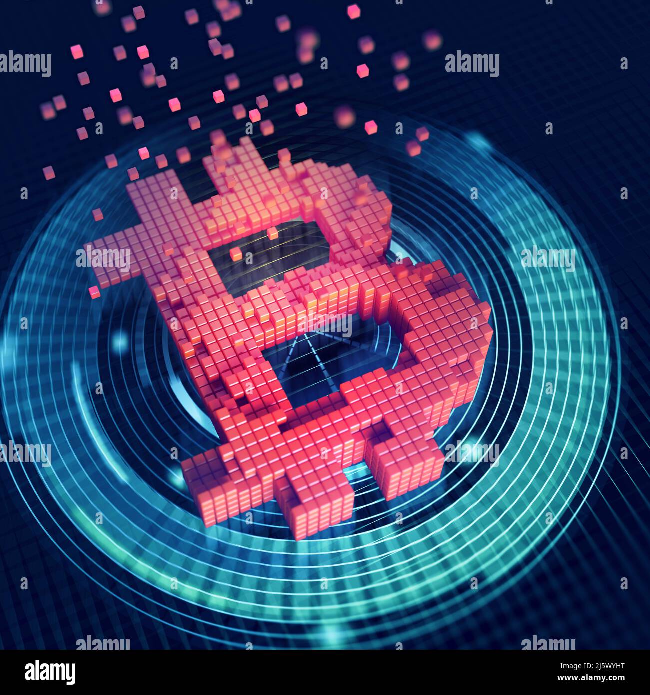 Bitcoin 3D illustration. Futuristic concept of mining cryptocurrency. Bright pixel symbol on a ...
