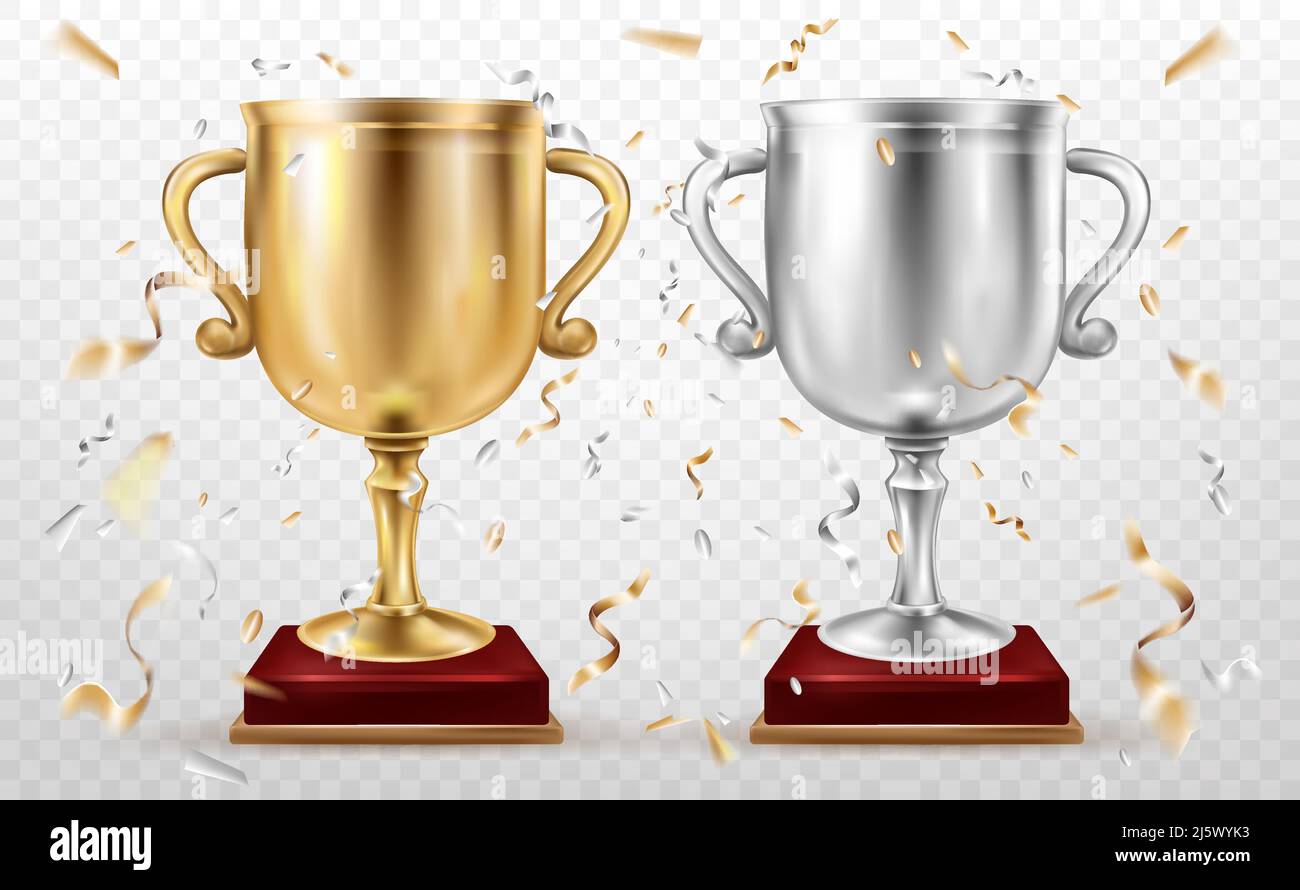 Gold and silver cups, sport competition trophy, championship goblets on ...