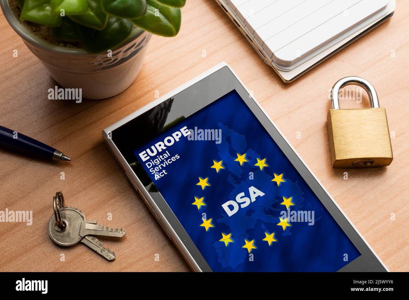 Digital Services Act (DSA) concept. Smartphone with the european map ...