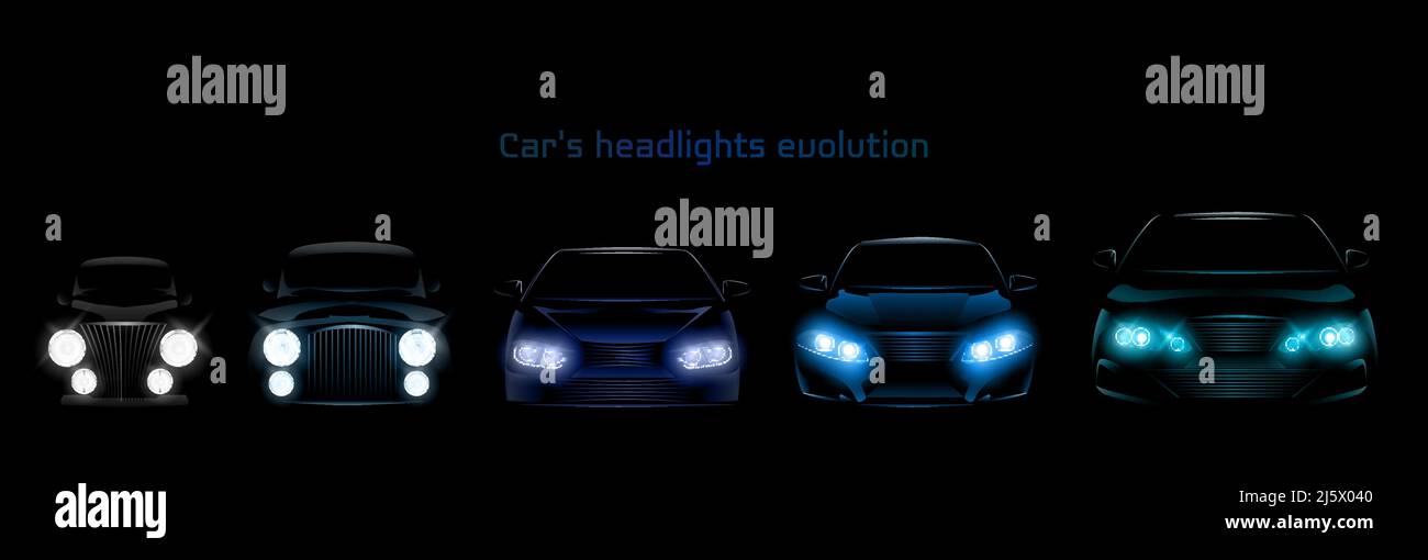 Car headlights evolution, glowing front view headlamps timeline from ...