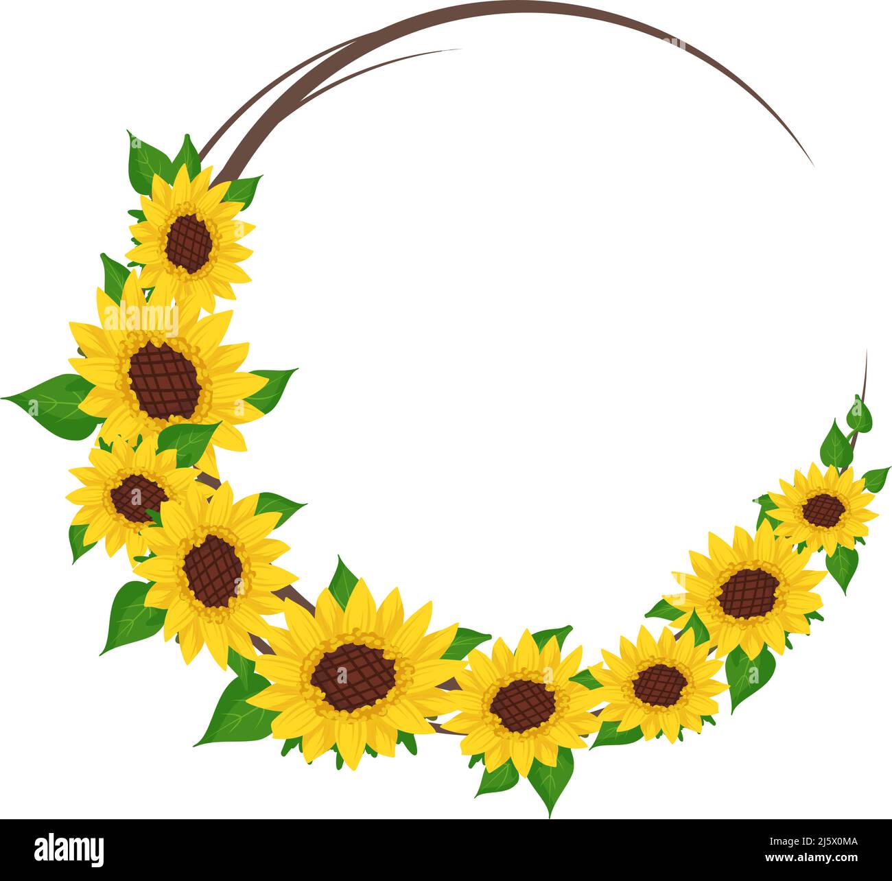 Yellow sunflower wreath with green leaves. Round frame, cute bright ...
