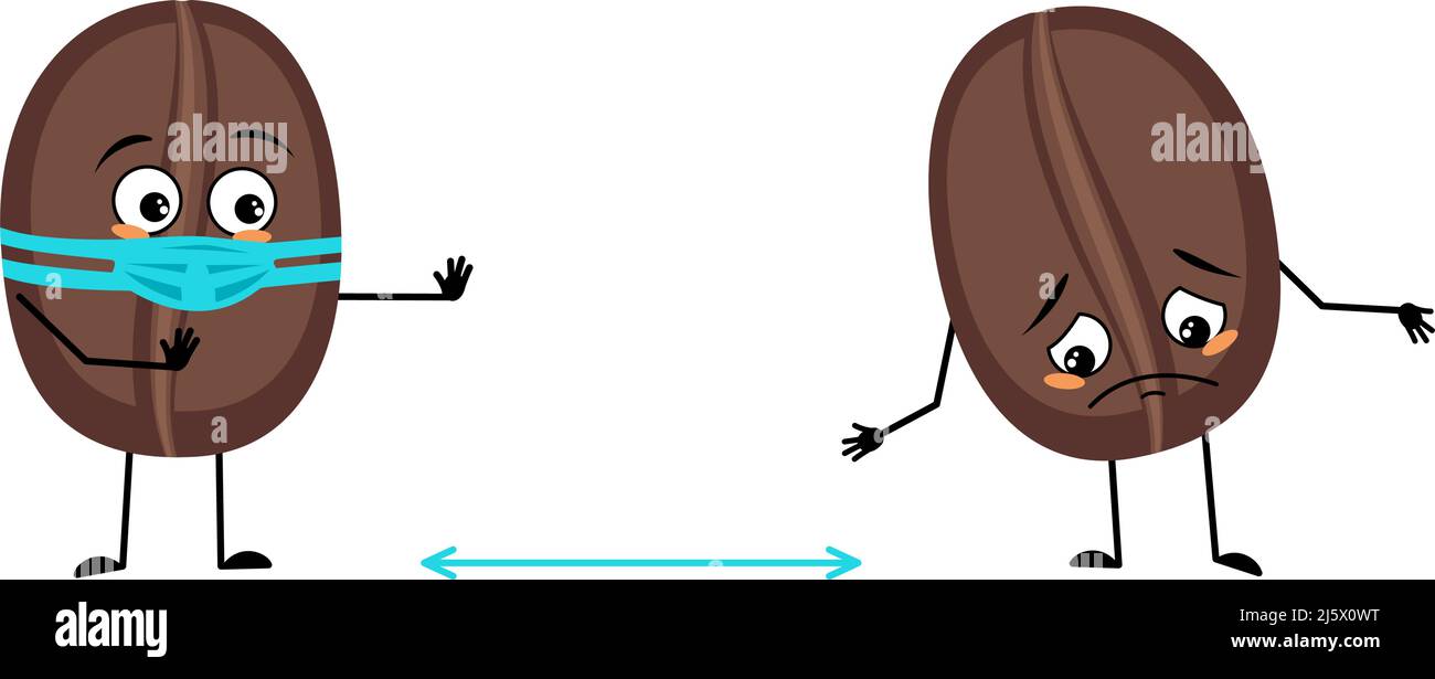 Coffee bean character with face in medical mask keep distance, arms and ...