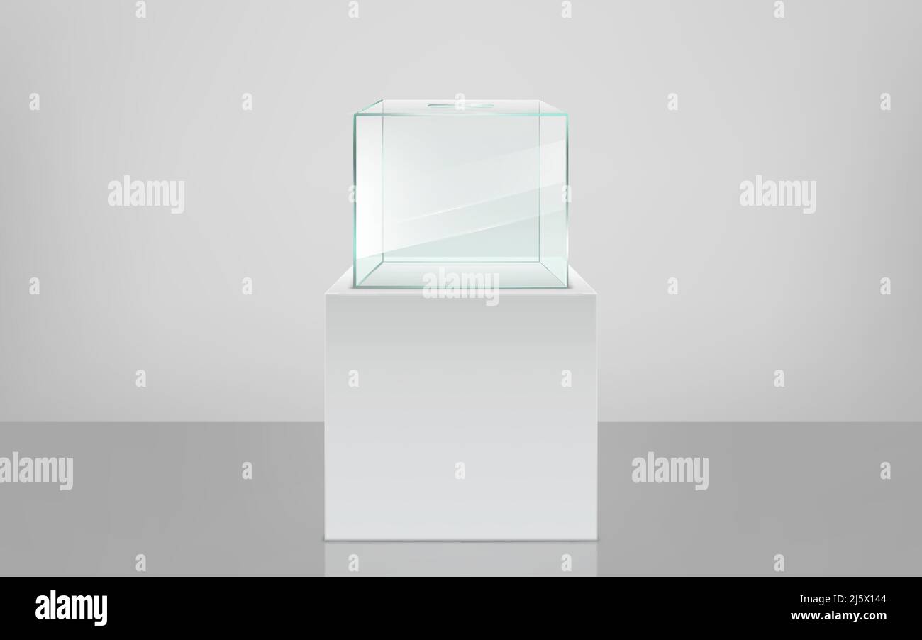 Square glass ballot box standing on white pedestal on glossy grey floor ...