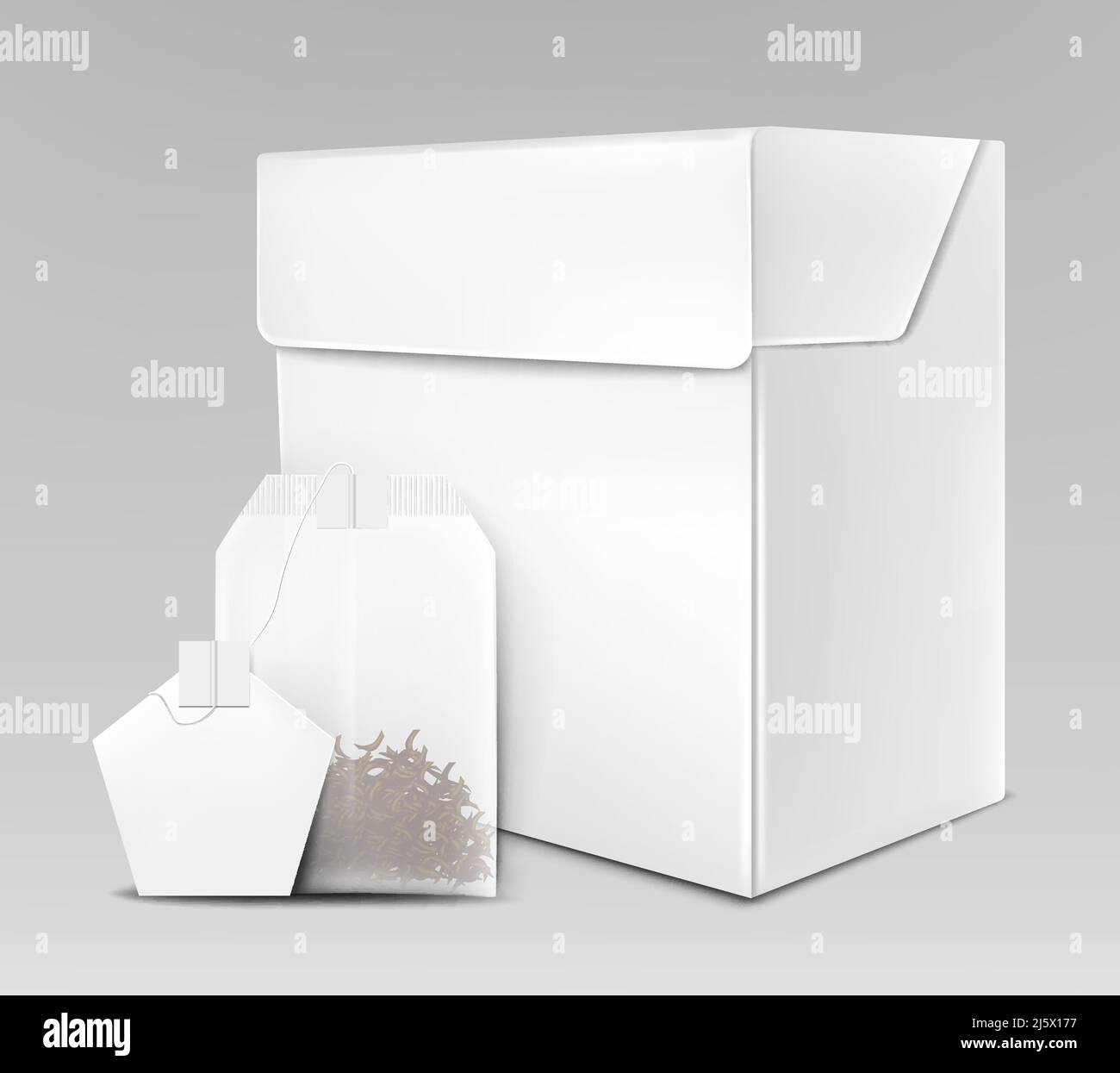 Black, green or herbal tea packaging mock-up with dried leaves inside ...