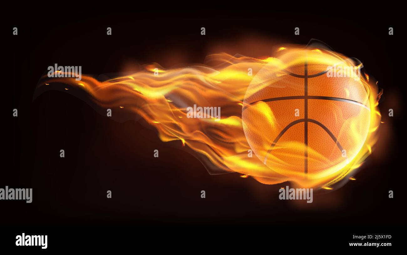 Firing, flying engulfed in flames basketball ball 3d realistic vector ...