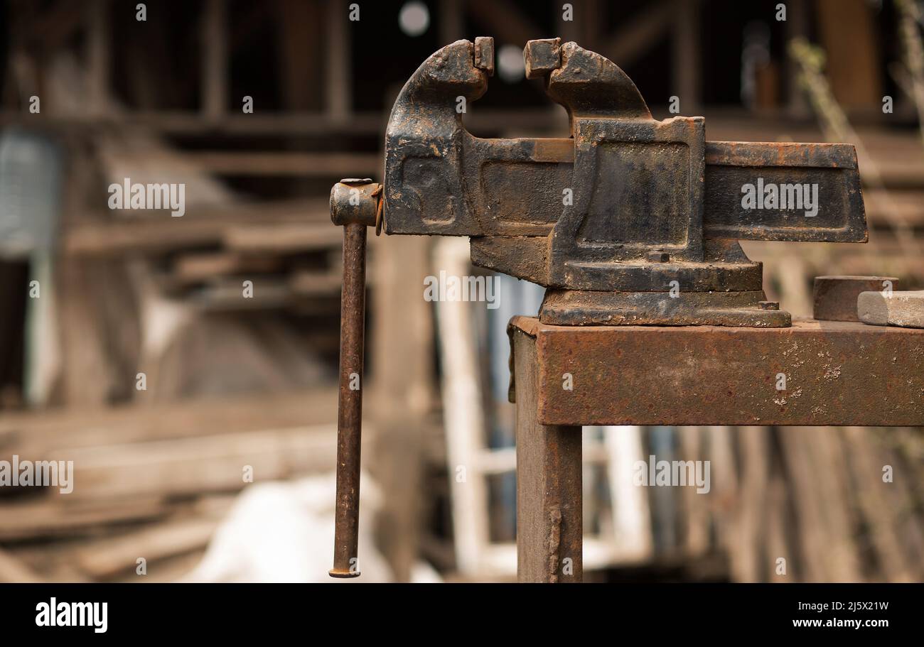 Large work vise Large locksmith vise in the workshop Concept: tool ...