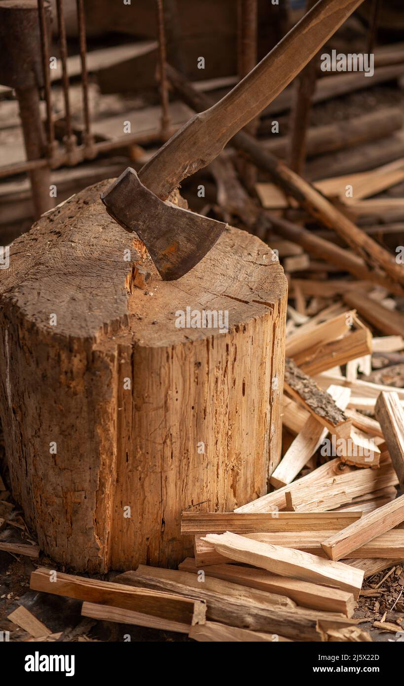 Old rusty ax with wooden handle stuck in the stump. blurred background ...