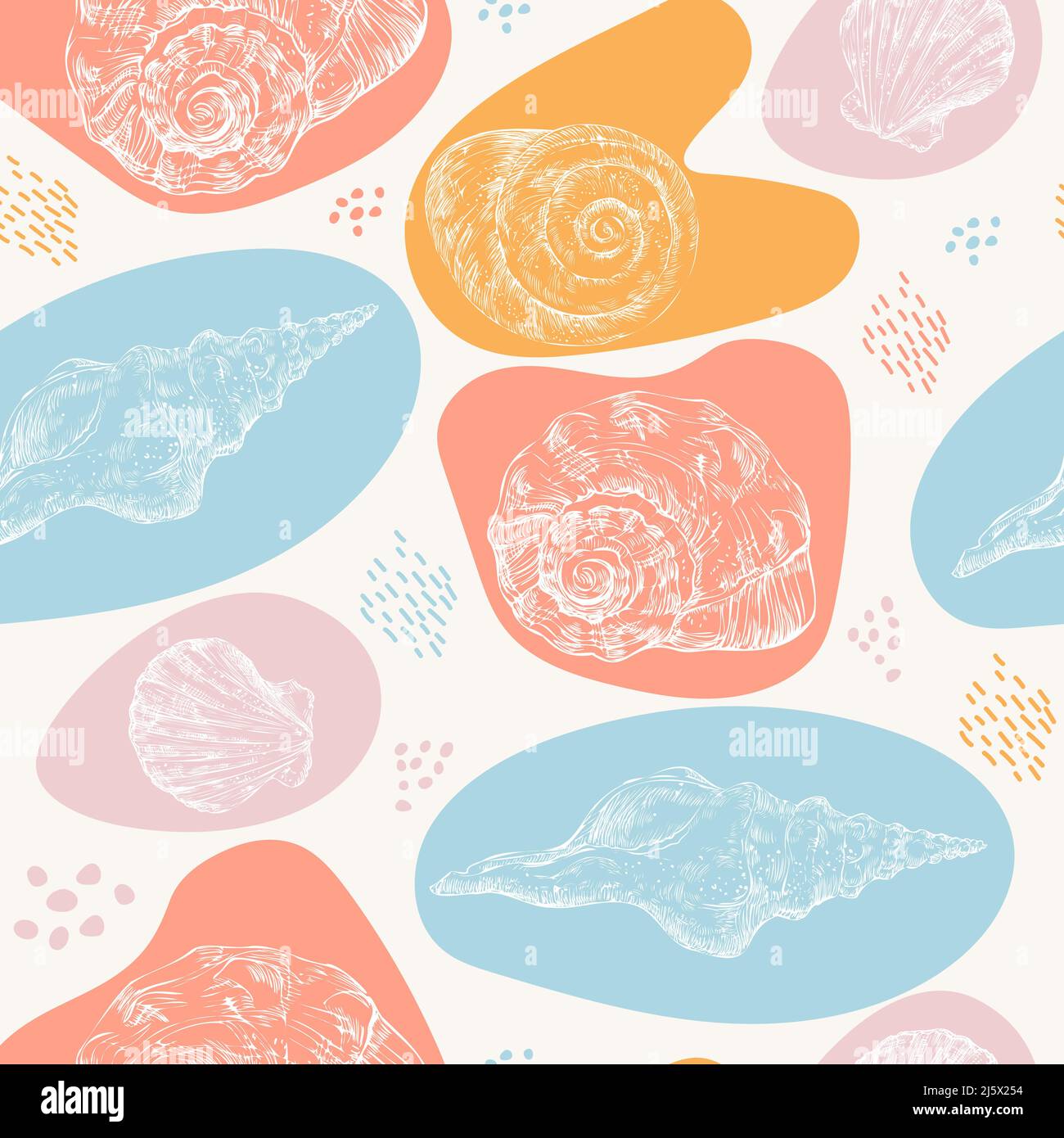 Seamless pattern of white seashells and color spots. Marine background ...