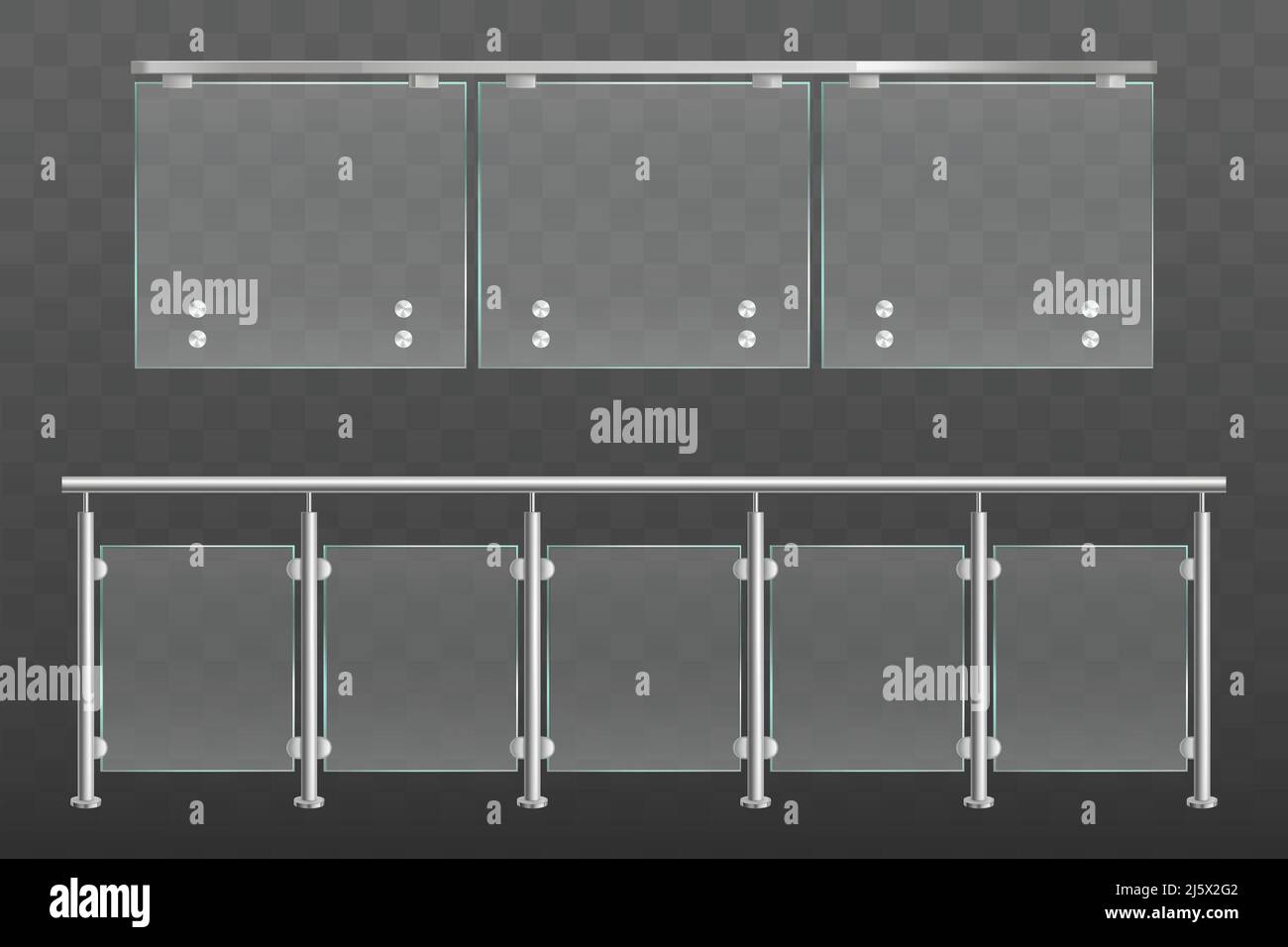 Glass balustrade with metal handrails set. Banister or fencing sections ...