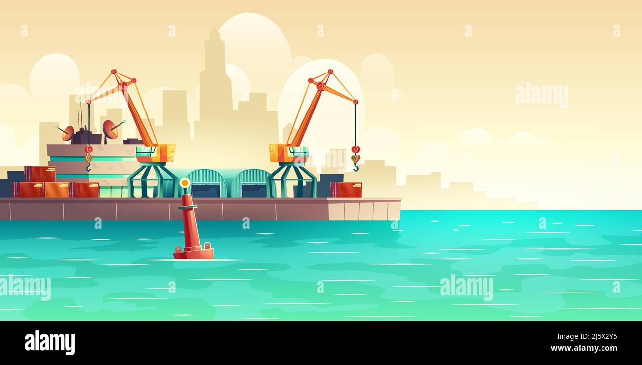 Metropolis cargo seaport with freight cranes on shore, loading ...