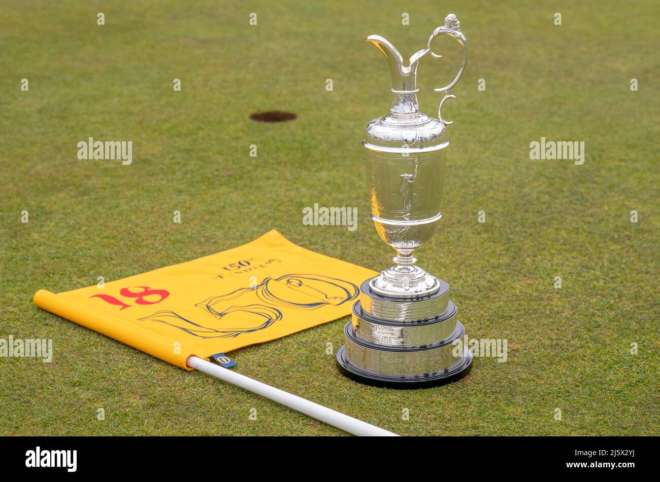 The Open Championship trophy, The Claret Jug pictured on the 18th green ...