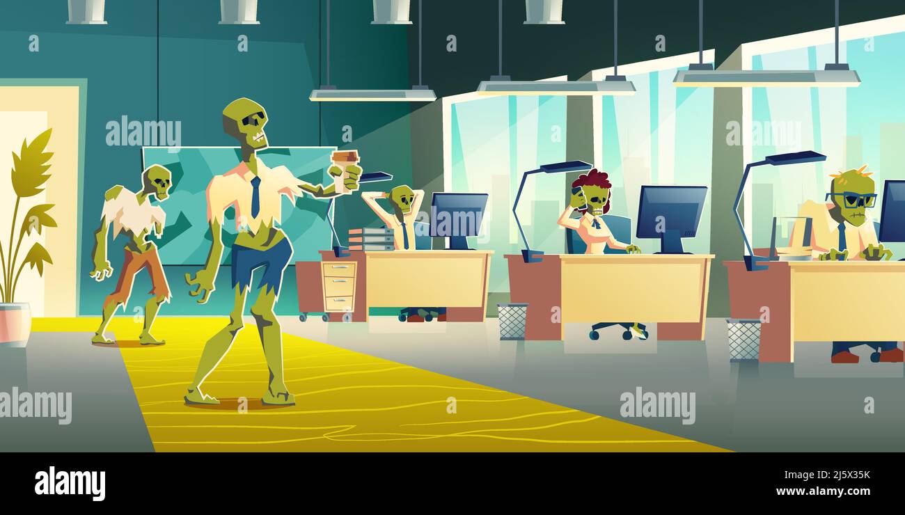 Exhausting office work concept. Female, male zombie characters in ...