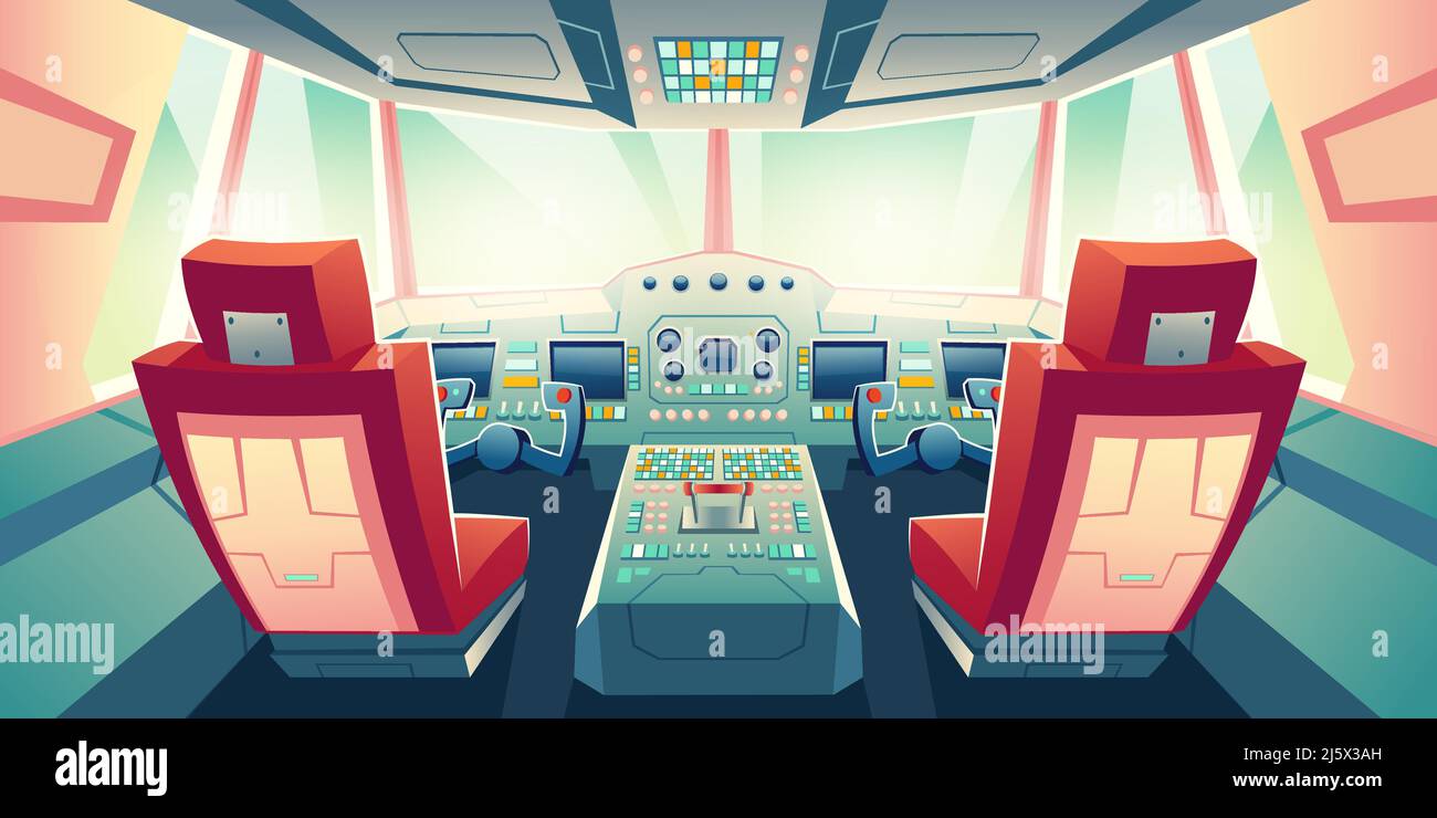 Passenger or cargo airliner cabin, business jet cockpit with captain ...