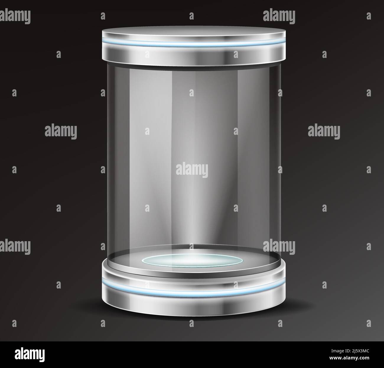 Empty glass cylinder capsule, transparent round showcase with neon ...