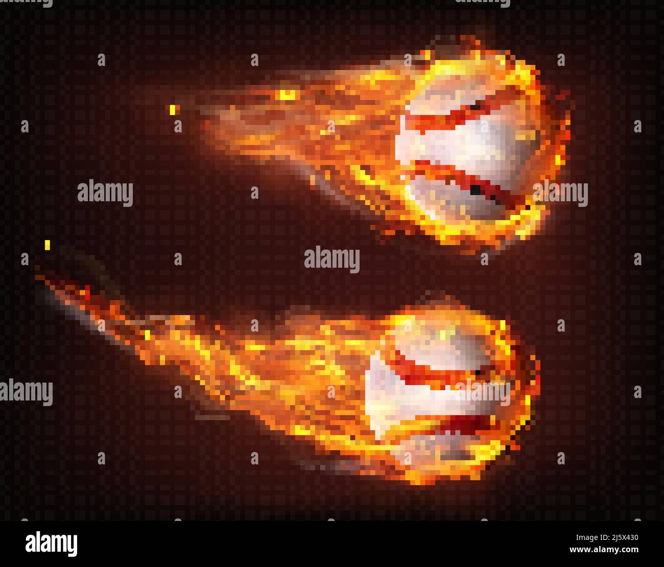 Firing, flying engulfed in flames baseball balls 3d realistic vector ...