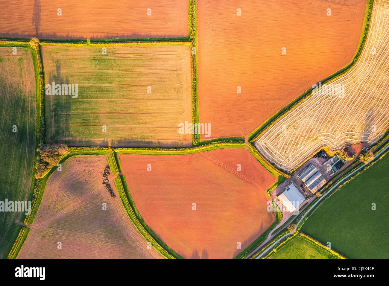 Top Down over Fields and Farmlands, English Village, Devon, England ...
