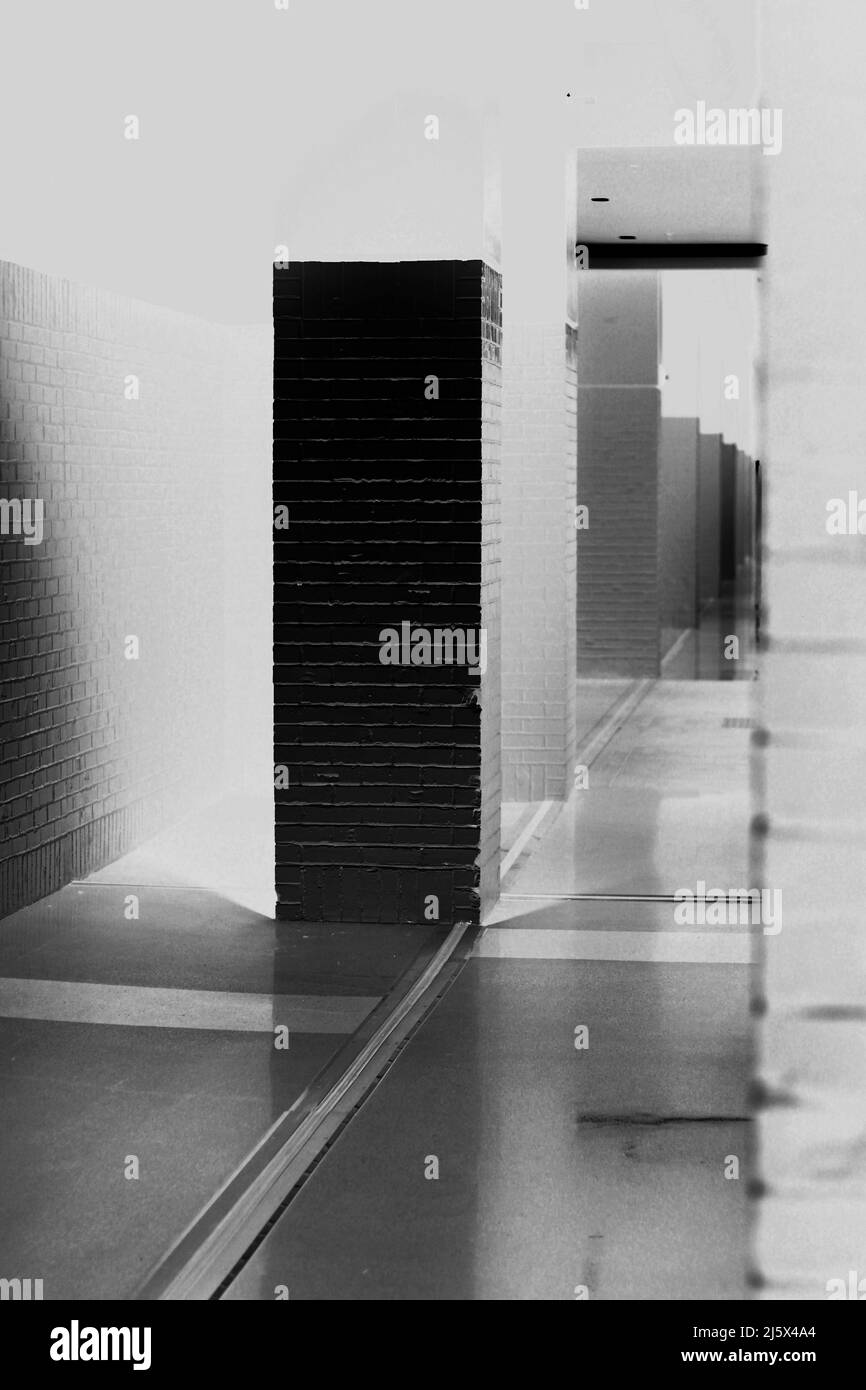 Unusual and interesting interior room with brick columns and a winding ...