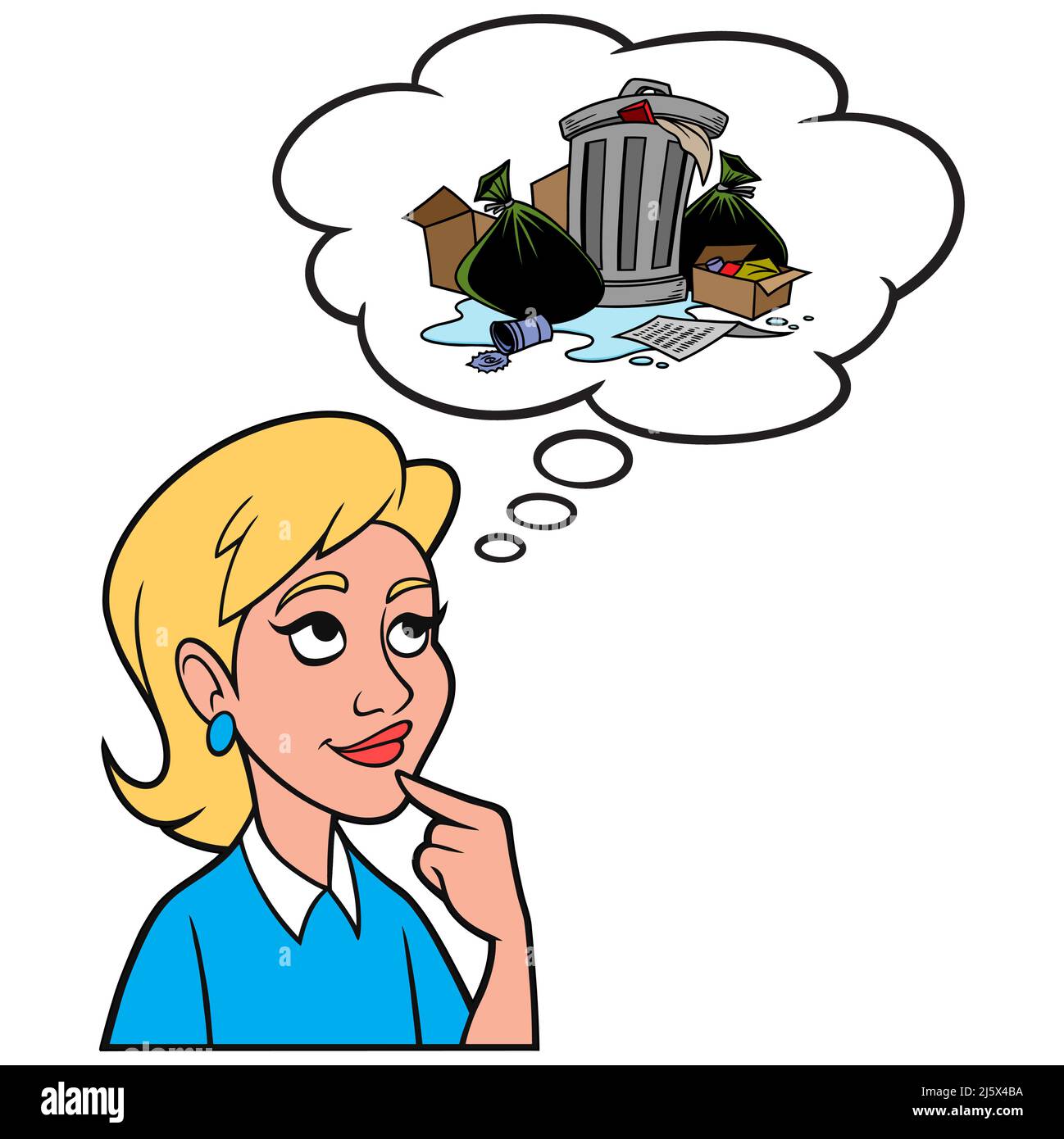 Girl thinking about a pile of Garbage - A cartoon illustration of a ...