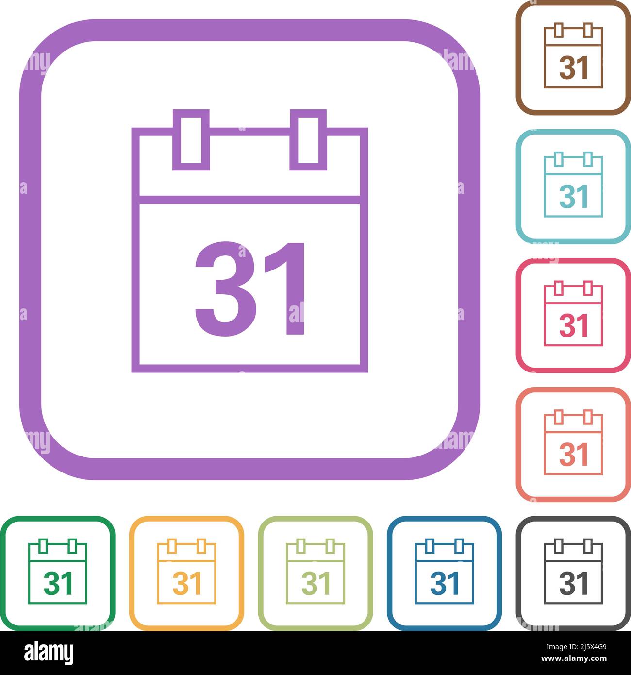 Calendar outline simple icons in color rounded square frames on white ...