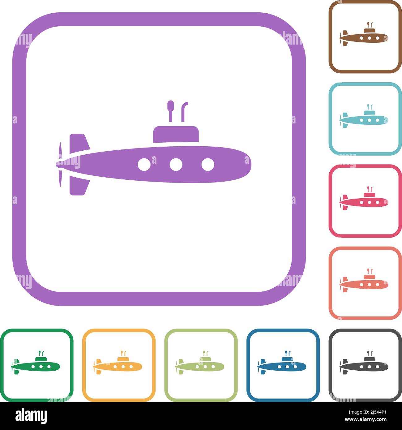 Submarine solid simple icons in color rounded square frames on white ...