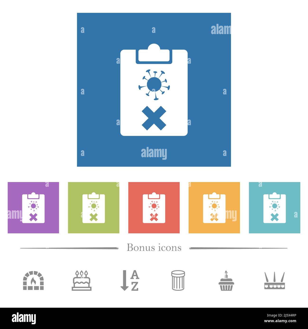 Covid test failed flat white icons in square backgrounds. 6 bonus icons ...