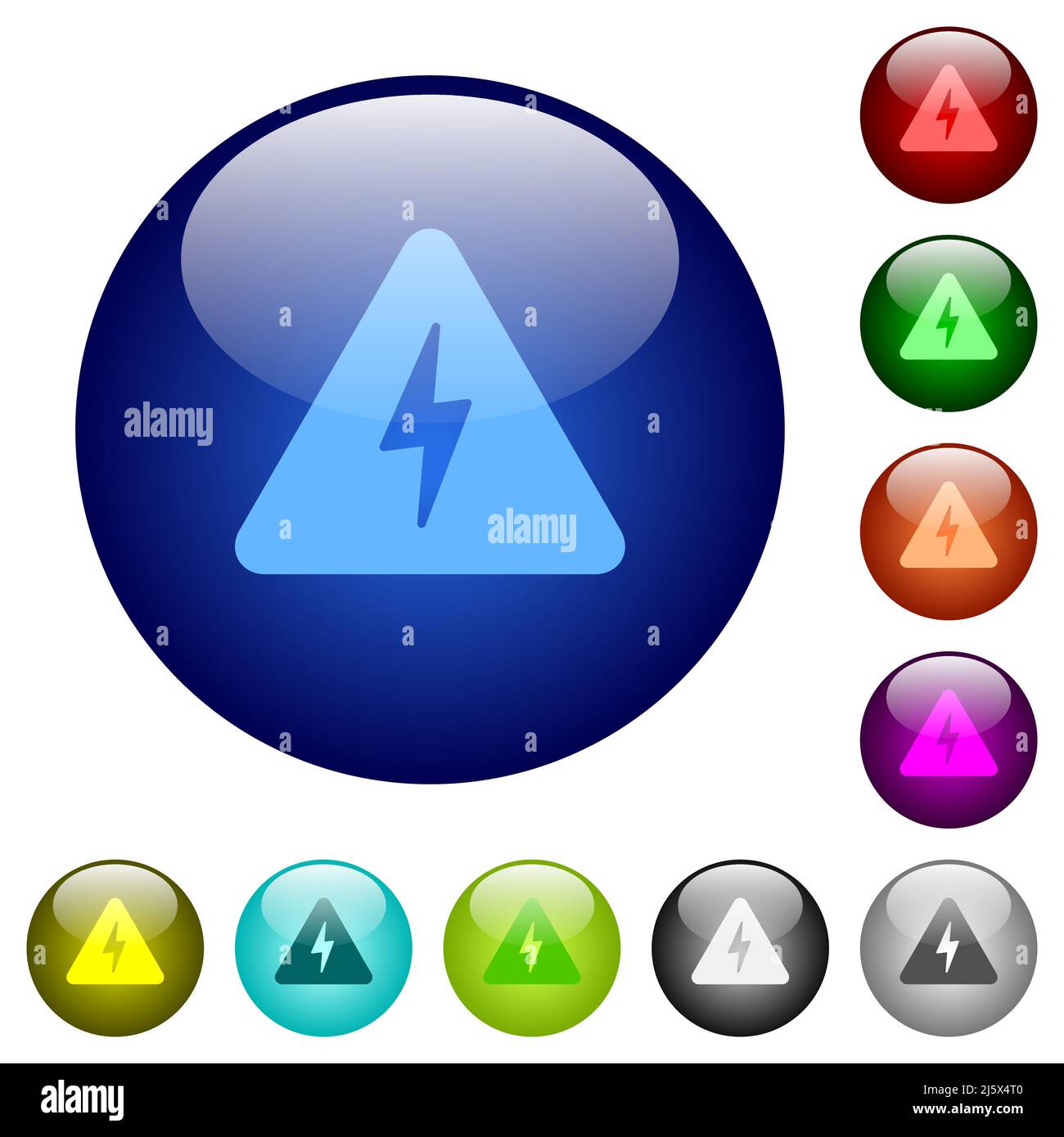 Danger electrical hazard solid icons on round glass buttons in multiple colors. Arranged layer ...