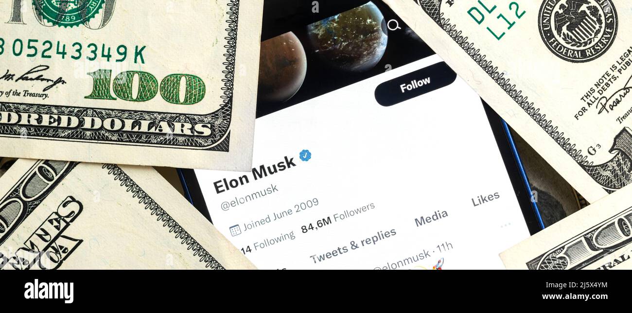 Banner Elon Musk Twitter account and money background. Business and ...