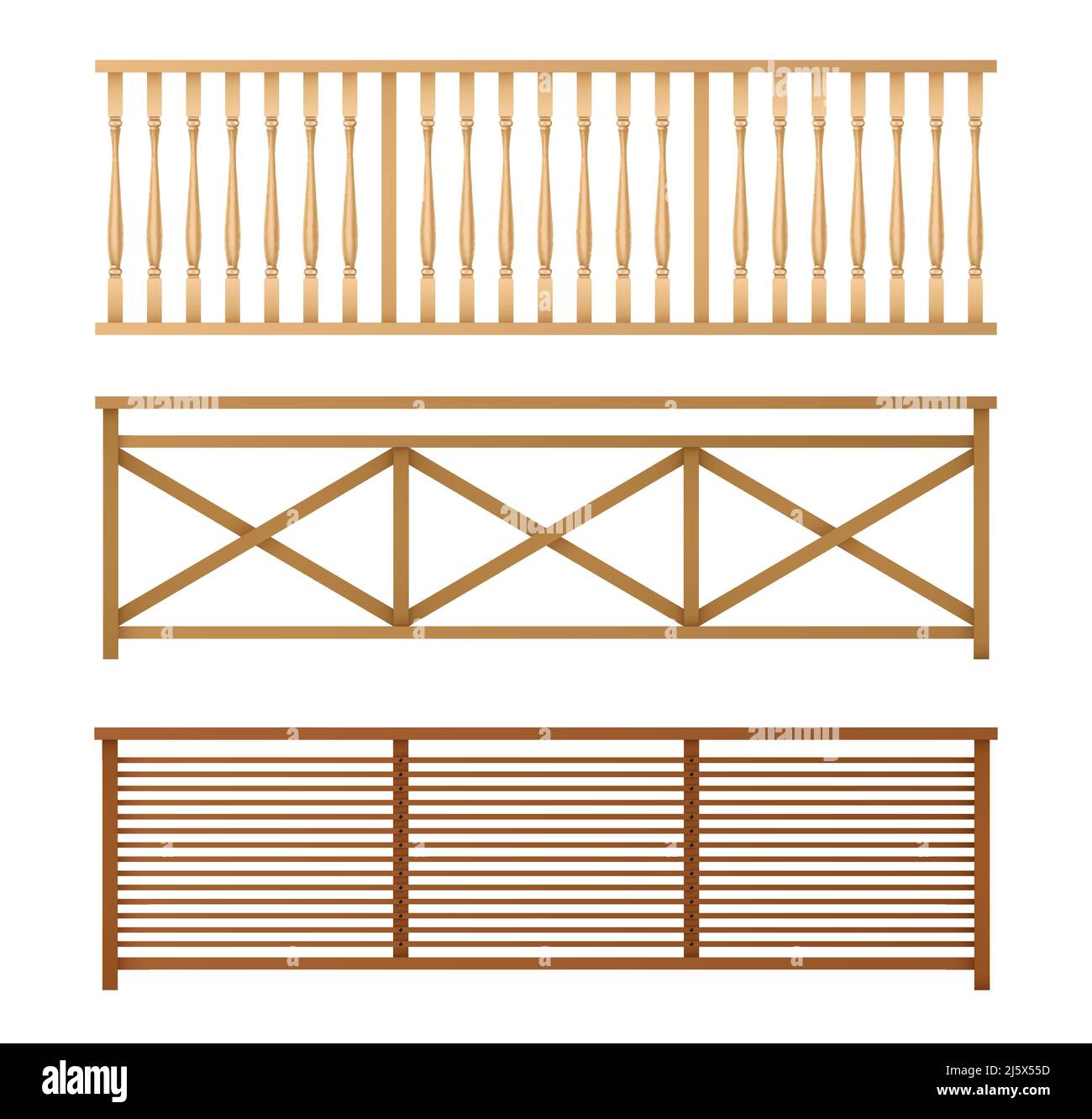 Wooden fences, handrail, balustrade sections with rhombus and grates ...