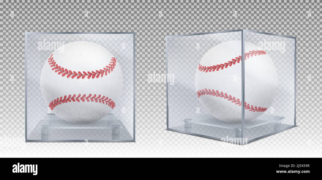 Baseball balls in glass case front and corner view. Sports game trophy ...
