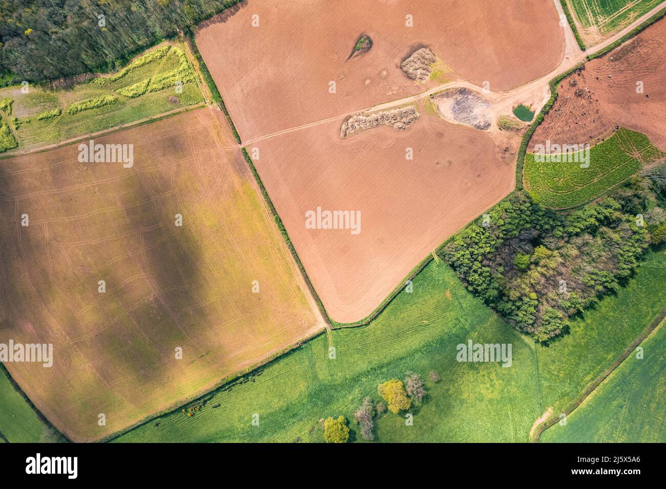 Top Down over Fields and Farmlands, English Village, Devon, England ...